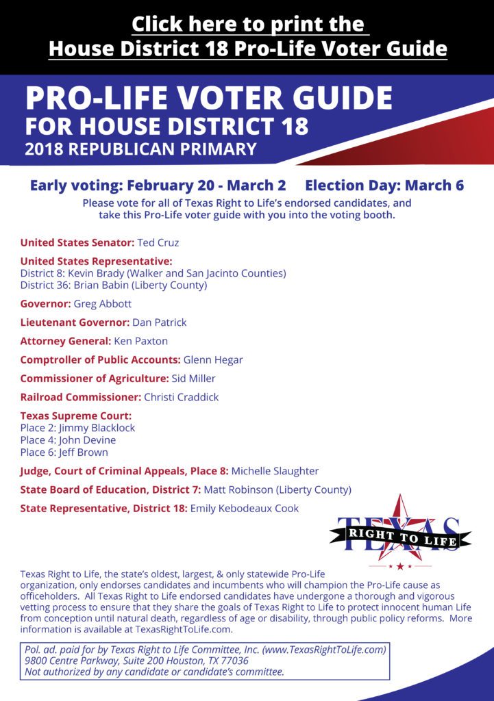 House District 18 Pro-Life Voter Guide | Texas Right To Life